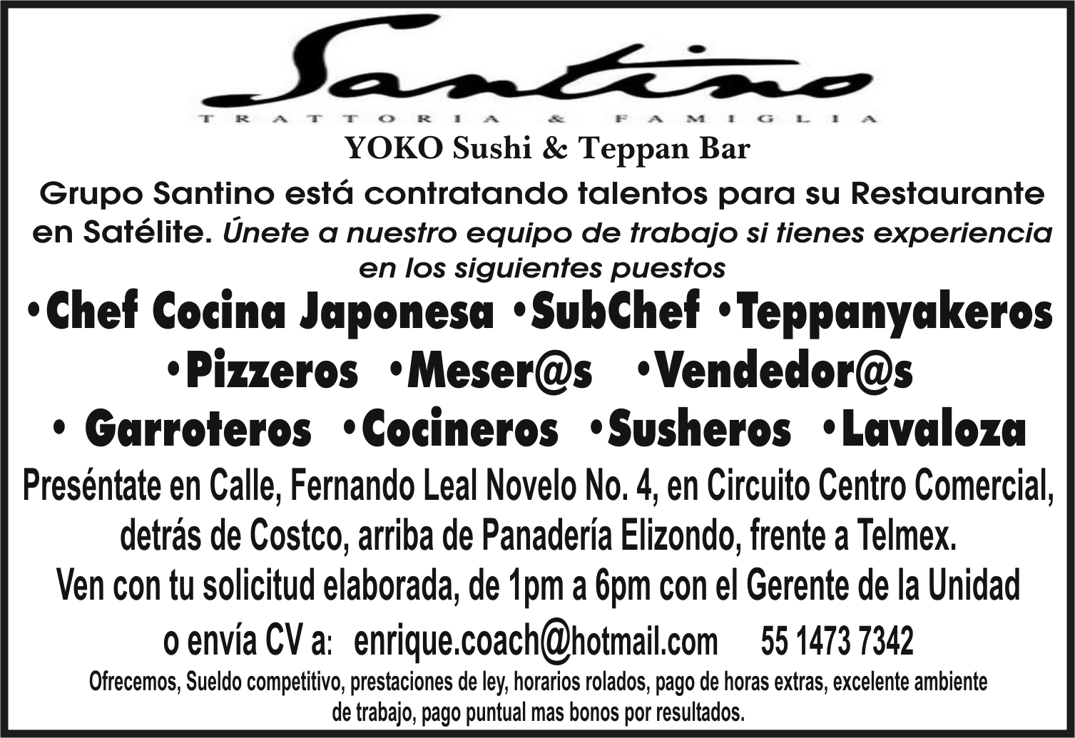 Santino YOKO Sushi & Teppan Bar Grupo Santino está contratando talentos ...